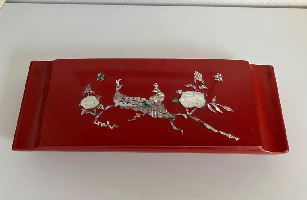 Lange Schatulle Rotlack Vogel Blumen Perlmutt Jade Intarsien (Gebraucht ...
