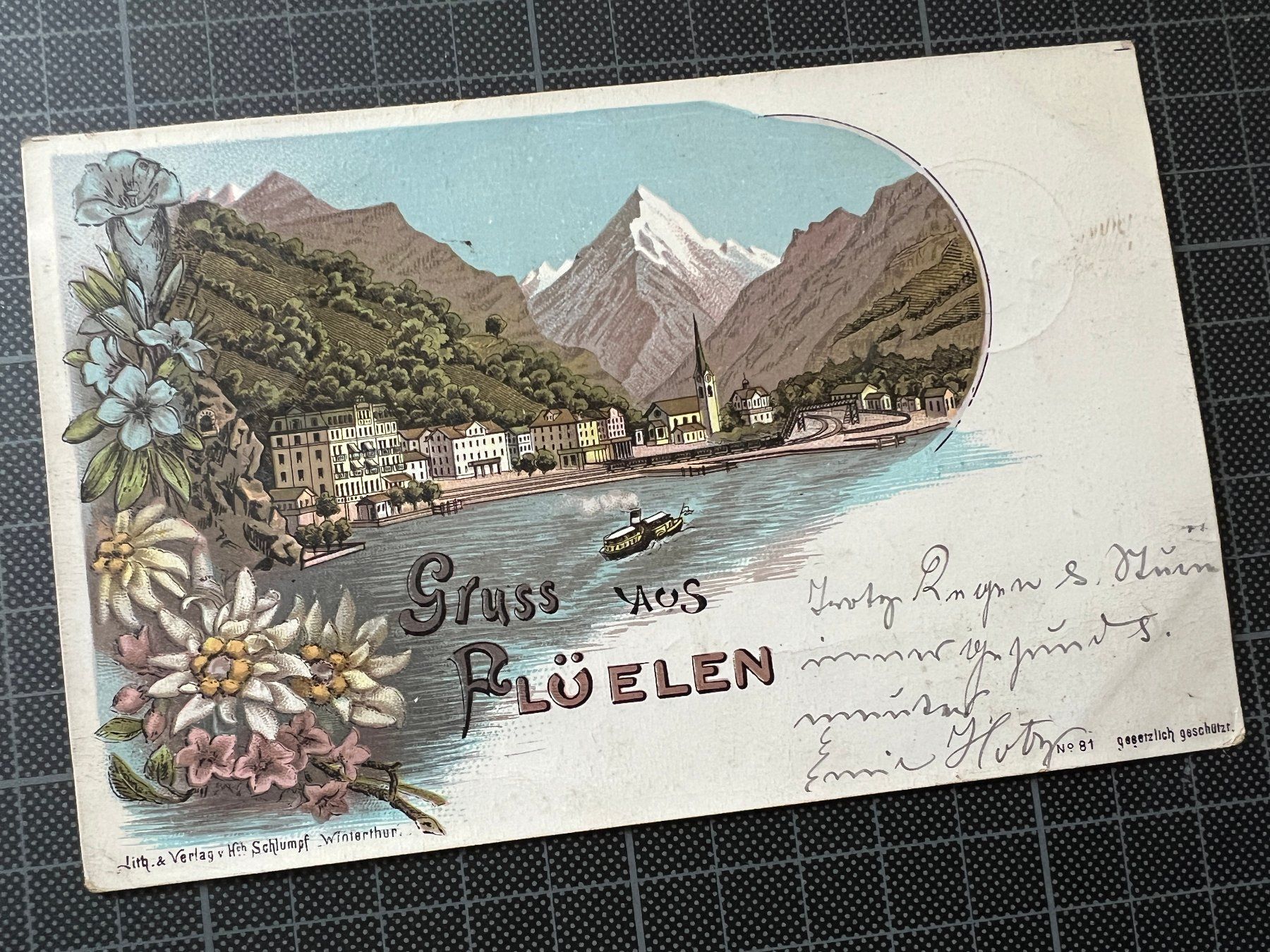 Gruss aus Flüelen, Litho mit Edelweiss + Enzian, 1900 (Gebraucht) in ...