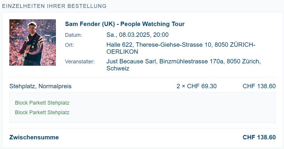 2 Tickets für das ausverkaufte Sam Fender Konzert vom 8.3.25 (Neu und ...