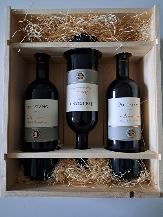 3 Flaschen Poliziano Asinone 2021, Vino Nobile, in Holzkiste (Neu und ...
