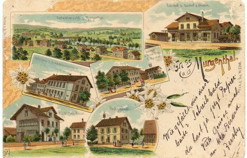 LITHO Gruss aus MURGENTHAL Bahnhof, Gasthof, Post, Bazar (Gebraucht) in Jona für CHF 42.7 – mit ...