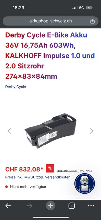 E Bike Akku Derby Cycle Impulse 36V 17Ah 612Wh (Gebraucht) in Arbon für CHF 50 – mit Lieferung ...