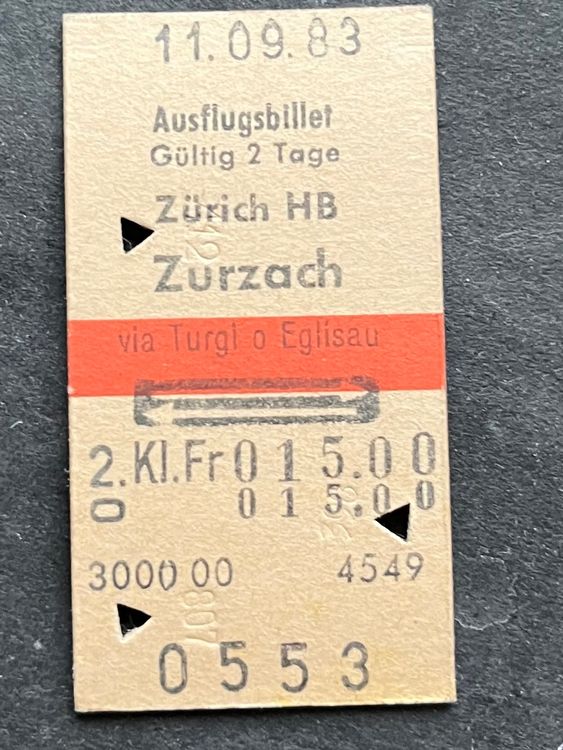 Ausflugsbillet Zürich HB Zurzach/ 1983 (Gebraucht) in Wabern für CHF 1.5 – mit Lieferung auf ...
