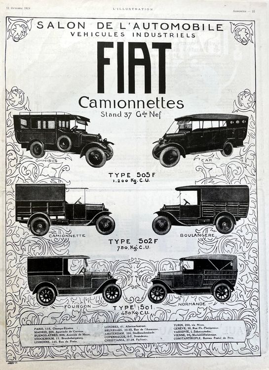 Fiat Cars - Alte Werbung / Ancienne publicité 1924 (Gebraucht) in ...