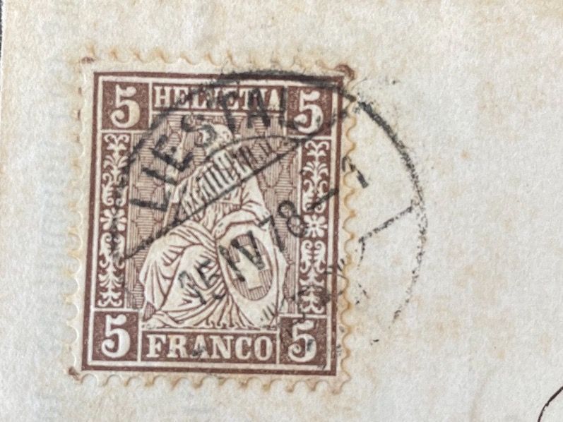 Sitzende Helvetia 5 Rp 1878, antike Briefmarke (Gebraucht) in Adligenswil für CHF 10 – mit ...