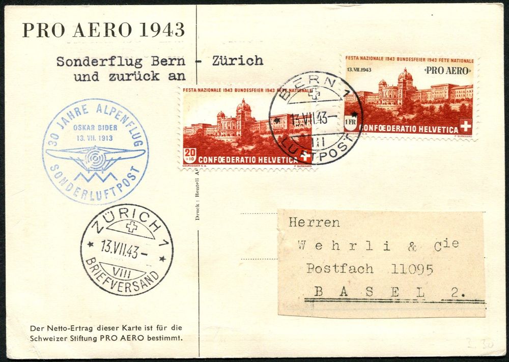 1943 Pro Aero Bern - ZH auf S-Karte nach Basel | Kaufen auf Ricardo