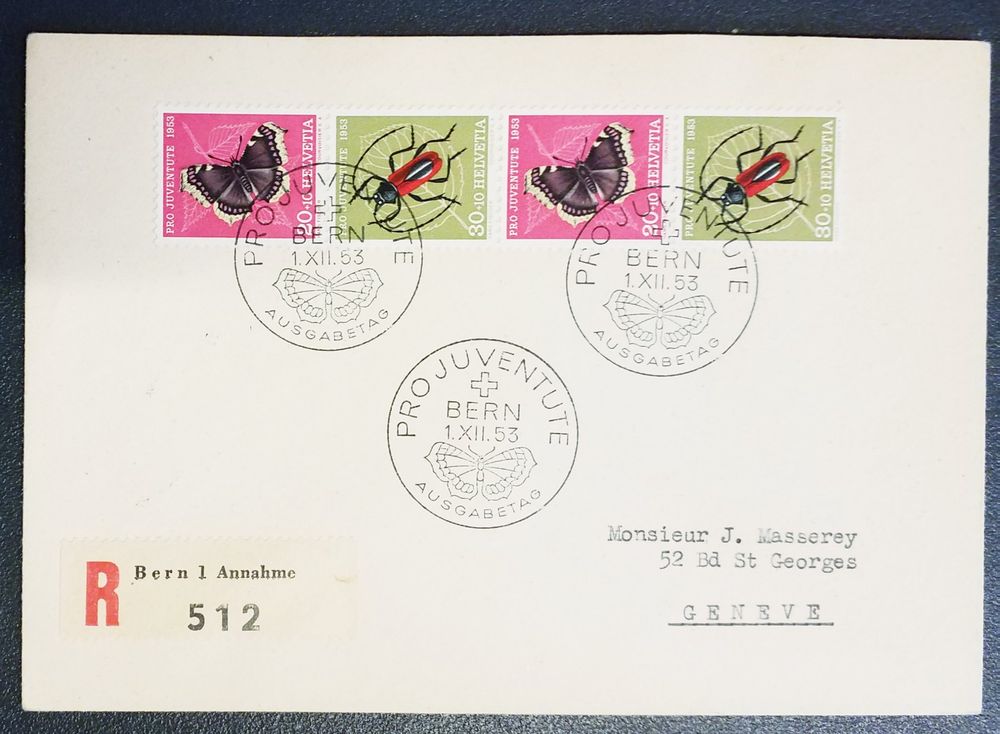 B156) 1953 FDC Juventute 4-Streifen aus Kehrdruckbogen LP (Neu (gemäss Beschreibung)) in Baden ...