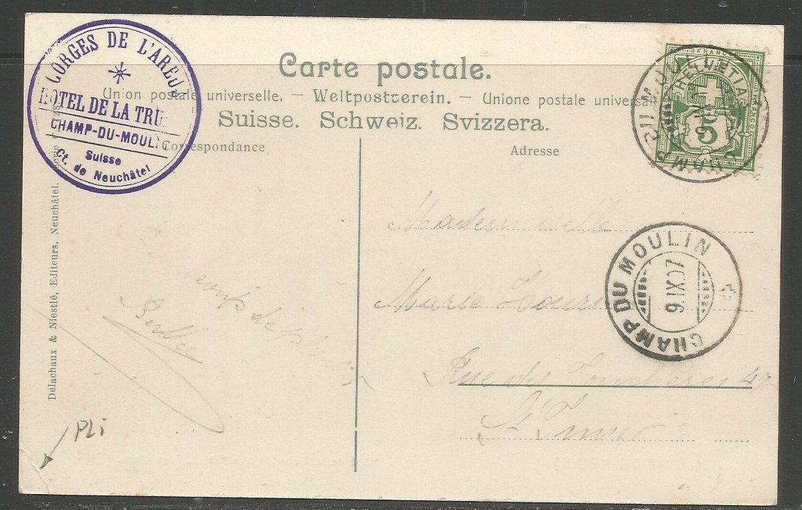 Carte P de 1907 ( Champ-du-Moulin / Hôtel de la Truite ) (D'occasion) à ...