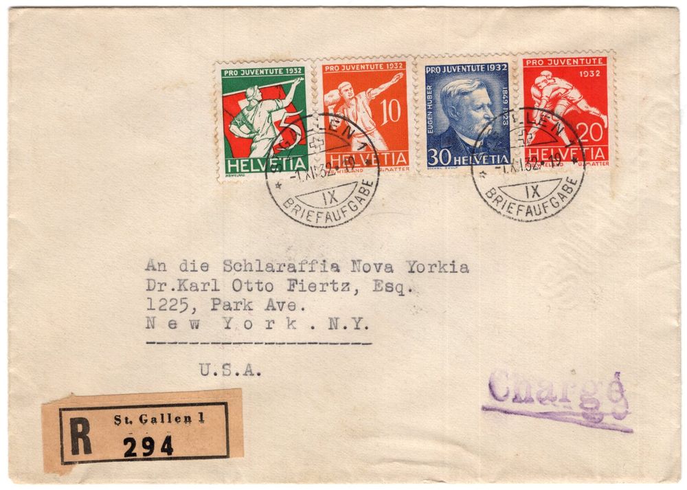 FDC Pro Juventute 1932 per Einschreiben nach NEW YORK / USA (Gebraucht) in Eglisau für CHF 100 ...