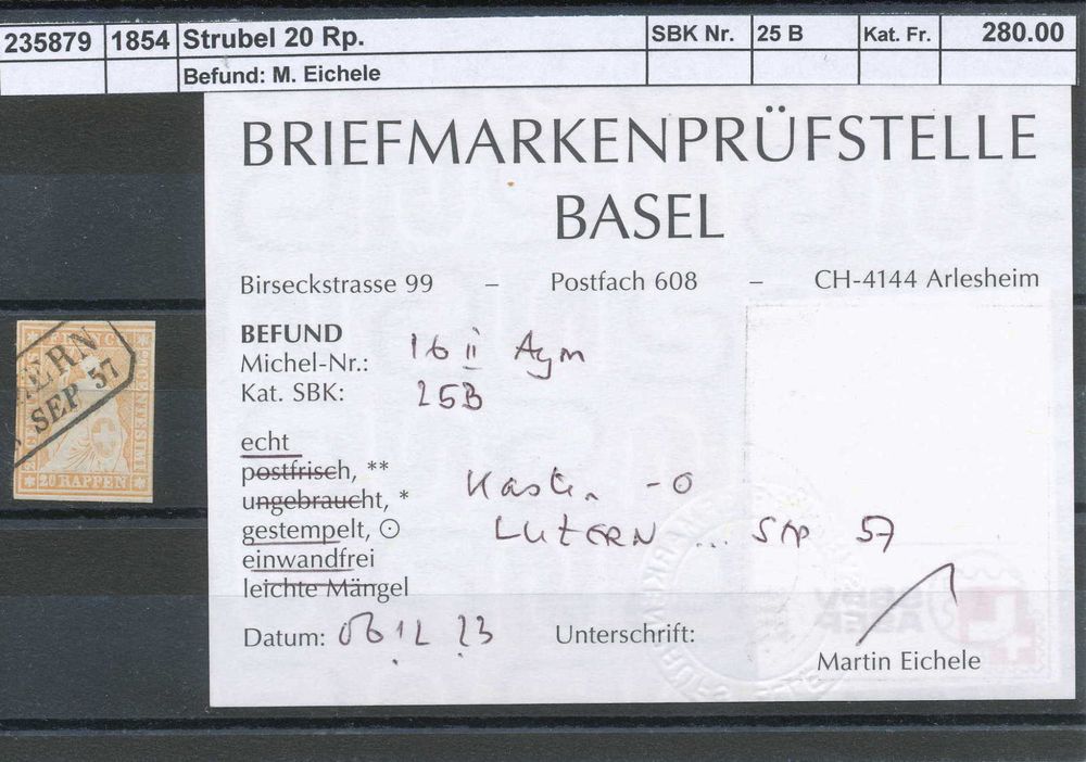 1854 Strubel, 15 Rp. Nr. 25B, Befund: M. Eichele (Gebraucht) in Winterthur für CHF 55 – mit ...