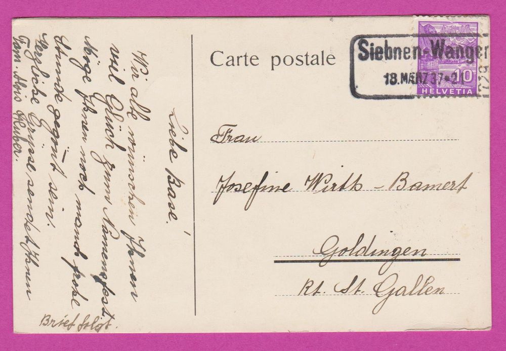 Siebnen - Wangen Stempel 1937 auf Seiden Stickerei Karte | Kaufen auf Ricardo