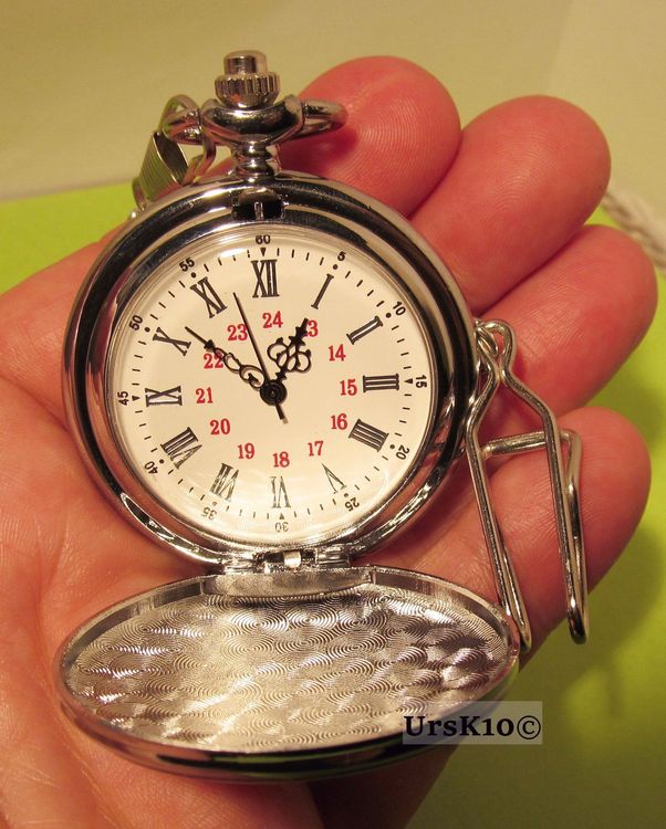 Neue schöne Taschenuhr Silber mit Weiss inkl. Kette u Deckel (Neu und ...