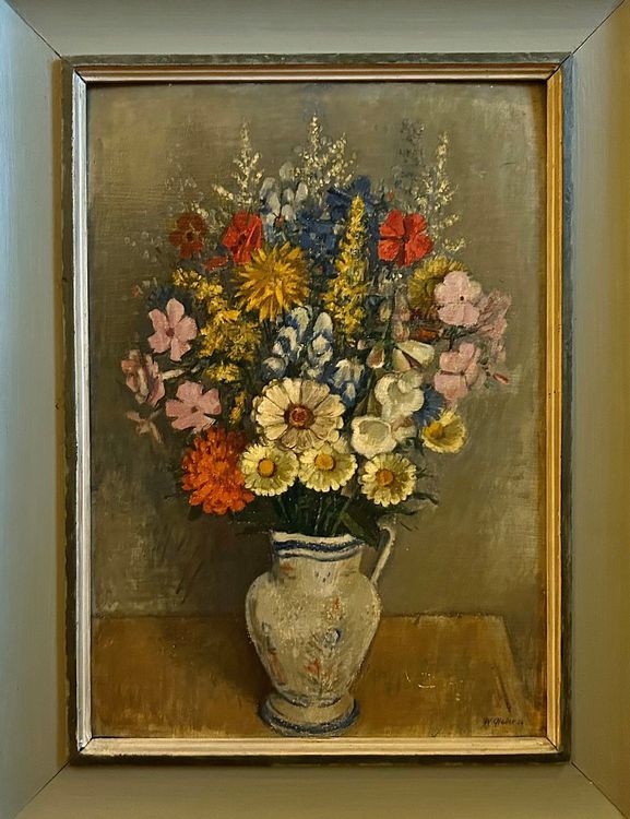 Blumenstrauss Ölgemälde auf Holz gerahmt signiert | Kaufen auf Ricardo