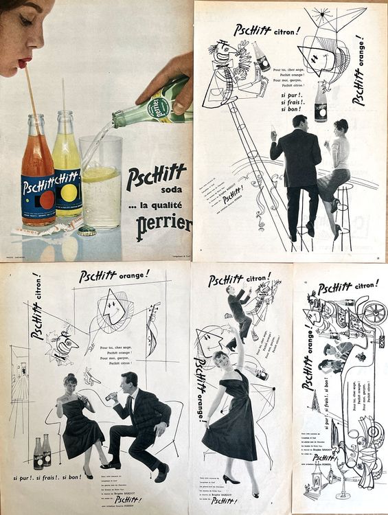 Pschitt Soda Perrier - 5 alte Werbungen / Réclames 1955 (Gebraucht) in ...