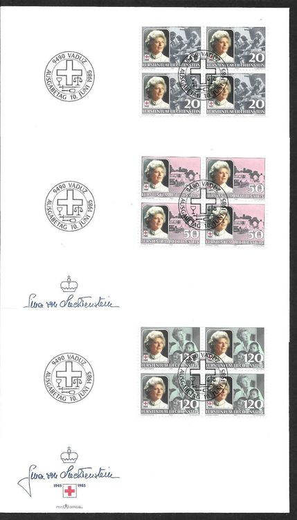 Liechtenstein 3 FDC Serie 814-816 Viererblöcke ET 10.6.1985 (Neu ...