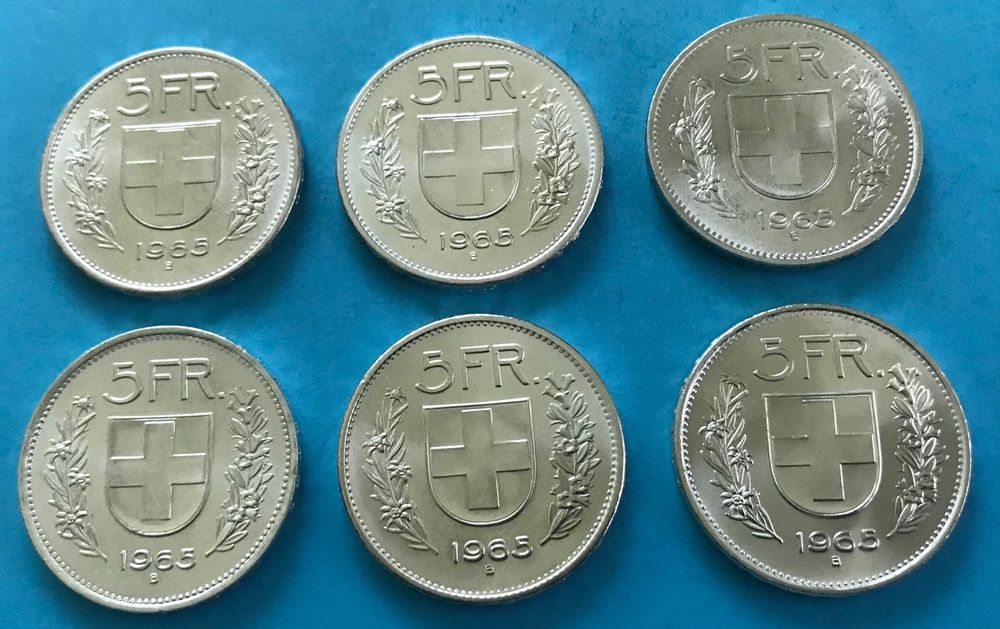 6 schöne Schweizer Silber 5 Franken-Münzen von 1965 | Kaufen auf Ricardo