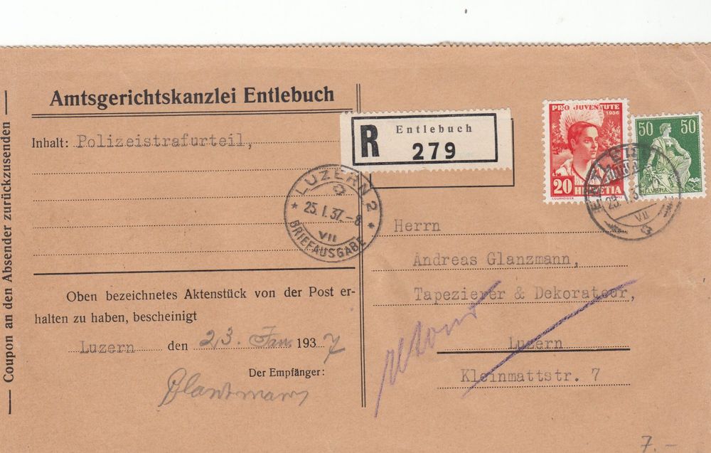 ENTLEBUCH 1937 . AMTSGERICHTKANZLEI. EINSCHREIBEN GERICHT | Kaufen auf Ricardo
