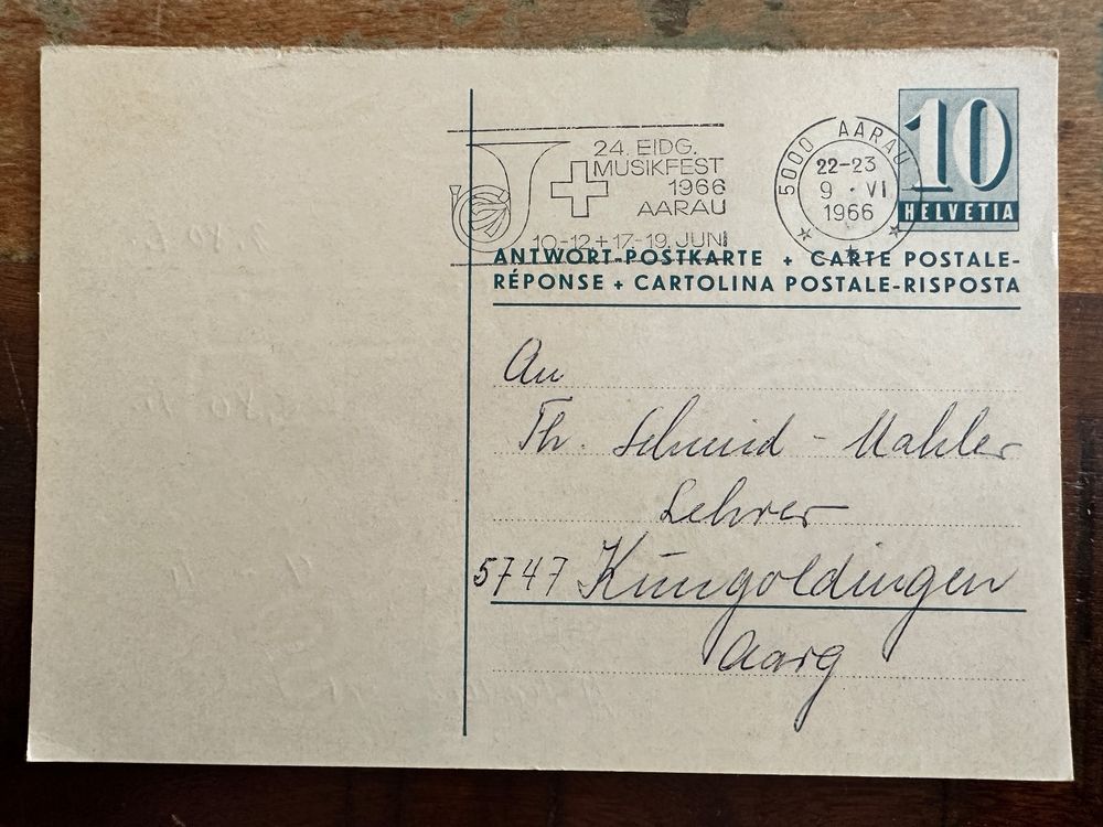 Antike Postkarte, Ganzsache, Aarau - Küngoldingen, 1966 (Gebraucht) in Staufen für CHF 1.2 – mit ...