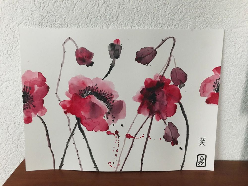 Aquarell Tusche Malerei Mohnblumen rot 🌸 Unikat Bild (Neu (gemäss Beschreibung)) in Laufen für ...