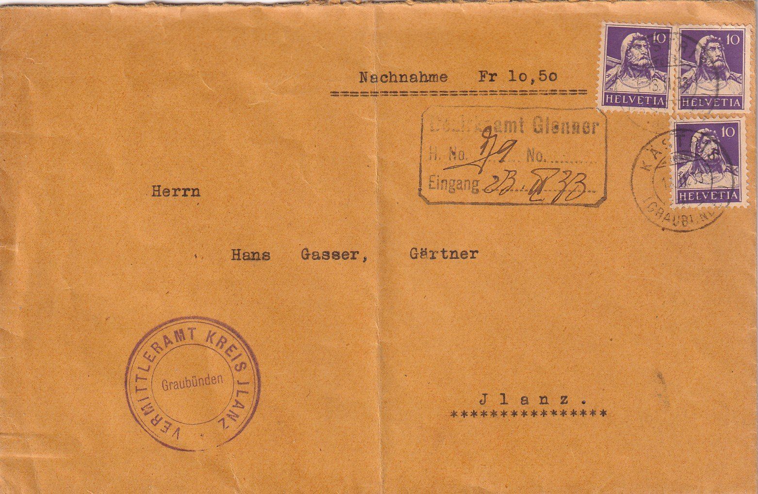 Nachnahme Kästris (Castrisch) GR nach Ilanz GR 1933 (Gebraucht) in Baar ...