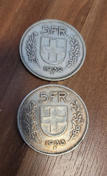 2 seltene 5 Franken Silbermünzen 1932/33 Schweiz 🇨🇭 (Gebraucht) in Sierre für CHF 17 – mit ...