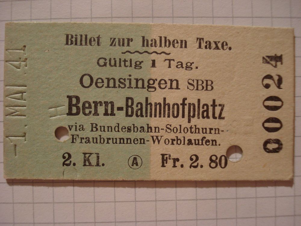 SBB - 1.5.1941 - OENSINGEN - BERN-Bahnhofp - 2.Klasse - grün (Gebraucht) in Biel/Bienne für CHF ...