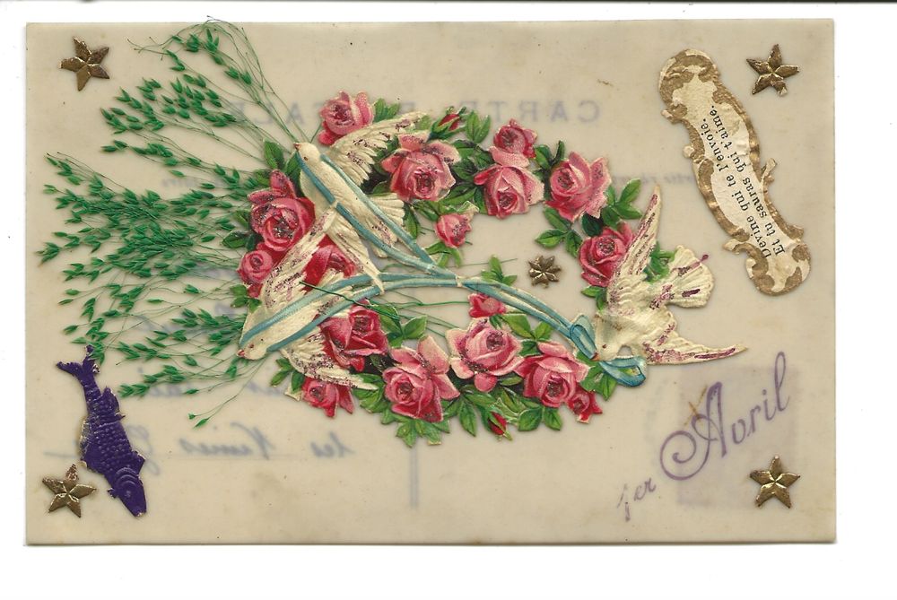 Zelluloid-Karte - 1. April - Rosen - Taube Litho-Applikation (Gebraucht ...