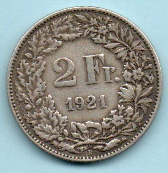 2 Franken Stück der Schweiz, Jahrgang 1921, Silber (Gebraucht) in Oftringen für CHF 4.5 – mit ...