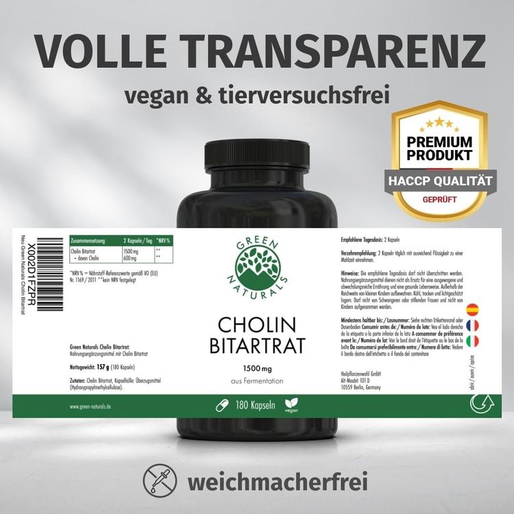 Cholin Bitartrat 1500 mg – Green Naturals® 180 Kapseln (Neu und ...