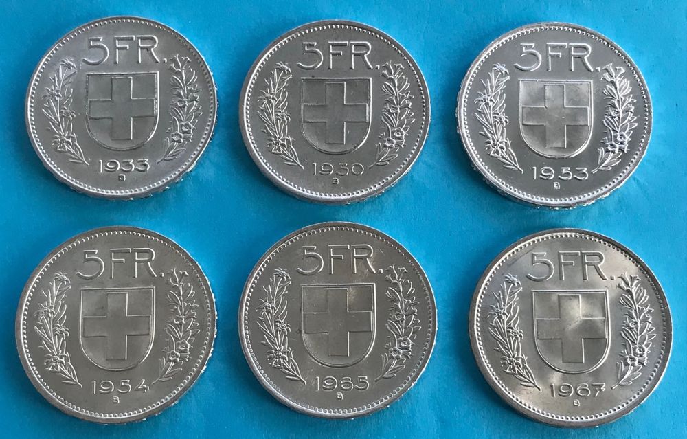 6 schöne Schweizer Silber 5 Franken-Münzen diverse Jahrgänge (Gebraucht) in Zürich für CHF 60 ...