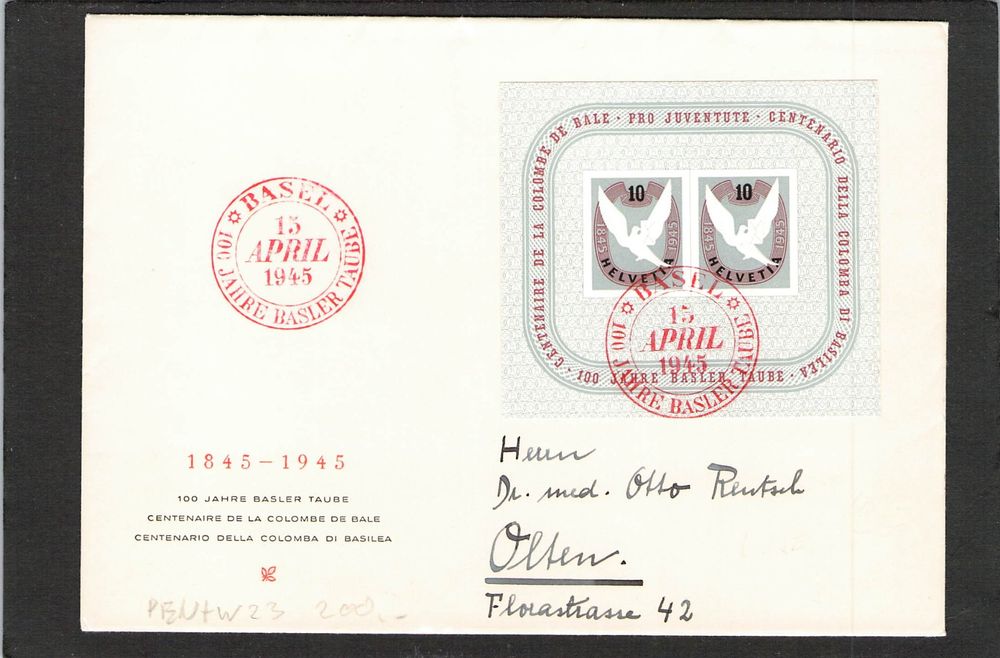 Jub. Couvert 100 Jahre Basler Taube,Block Nr.23,Jub. Stempel (Gebraucht) in Reichenburg für CHF ...