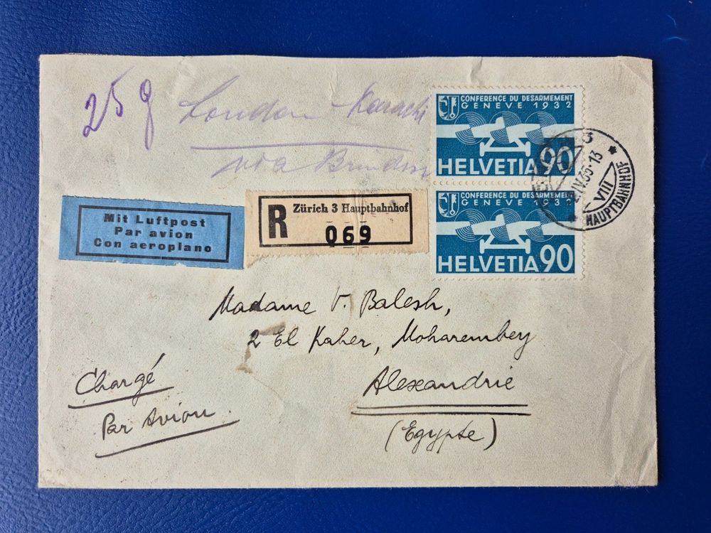 Luftpost R-Brief Zürich nach Ägypten Alexandria 1935 (Gebraucht) in Seewen SZ für CHF 21.5 – mit ...