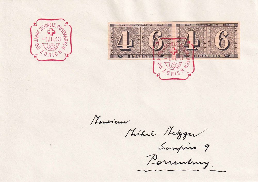 1943, EZW aus dem Luxusblatt Nr. W15 auf Brief mit rotem SS (Neu (gemäss Beschreibung)) in Aesch ...