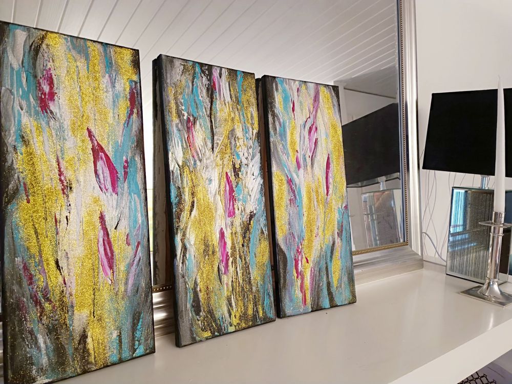 Triptych mit Goldenen Glitzer Acrylbild auf Leinwand 50x20cm (Neu und originalverpackt) in ...