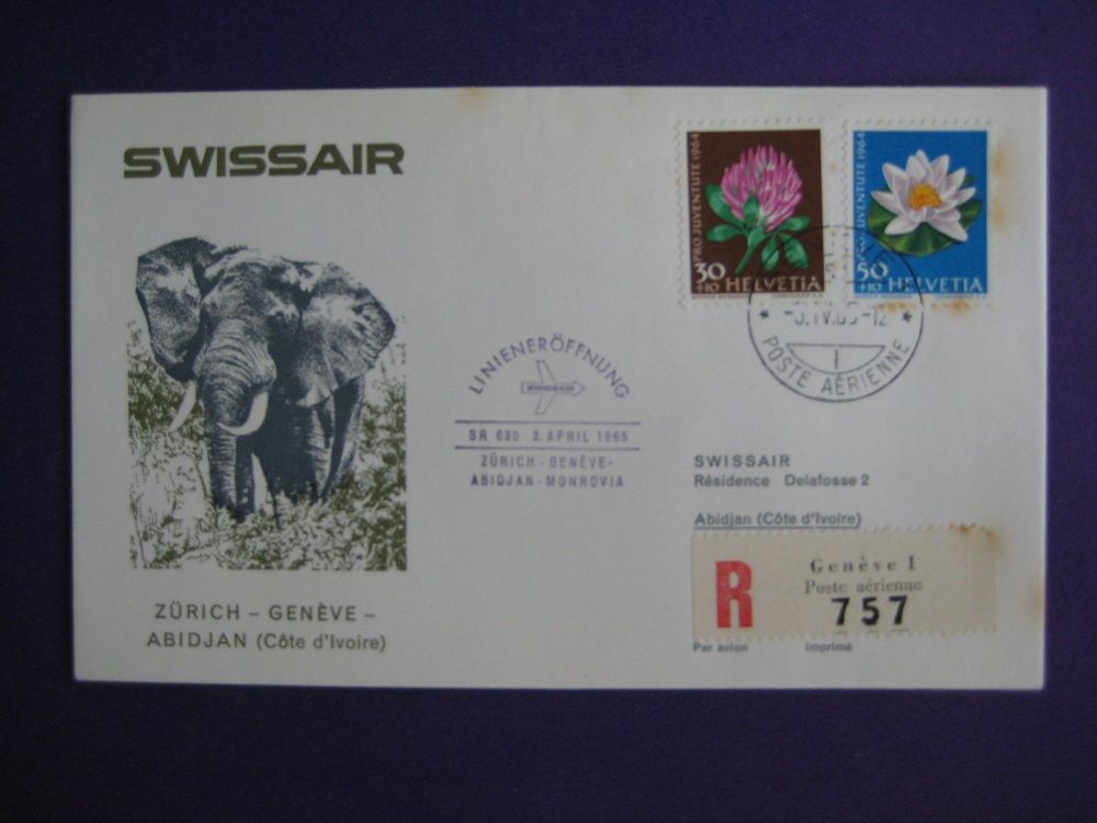 Erstflugbrief ZH-GE-ABIDJAN/Elfenbeinküste 3.4.1965 (Neu (gemäss Beschreibung)) in Wangs für CHF ...