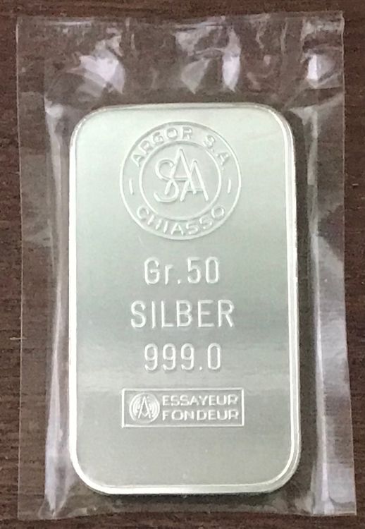 sehr schöner 50 Gramm Silberbarren 999.0 Silber ARGOR S.A. (Neu und ...