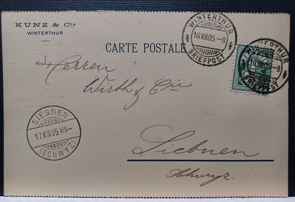 KUNZ & CIE, Winterthur, 1905 Stempel Winterthur, Siebnen (Gebraucht) in Aarau Rohr für CHF 4 ...
