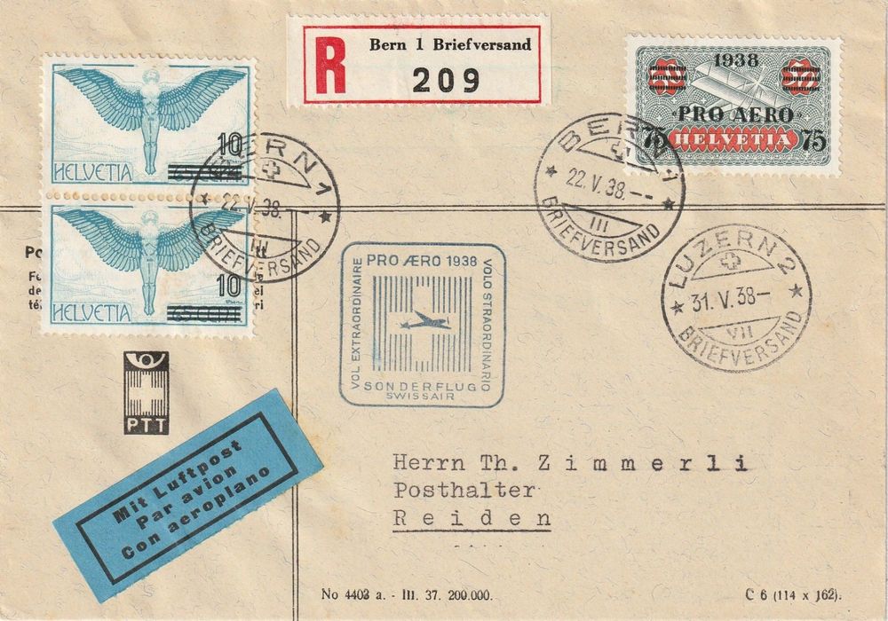 Sonderflug Pro Aero 1938 von Bern nach Luzern, R-Brief | Kaufen auf Ricardo