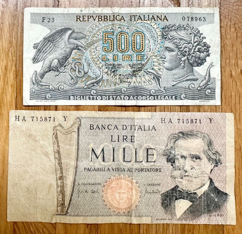 Alte Italienische Lira Banknoten 500 und 1000 Lire (Gebraucht) in ...