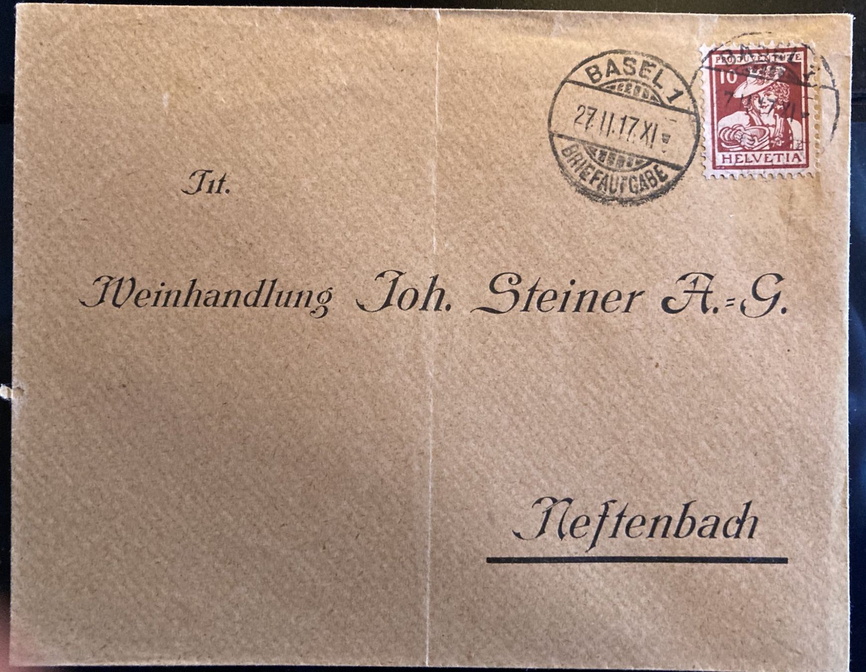 Pro Juventute Beleg 1917 mit J6 nach Neftenbach, SBK 150 Fr. (D ...