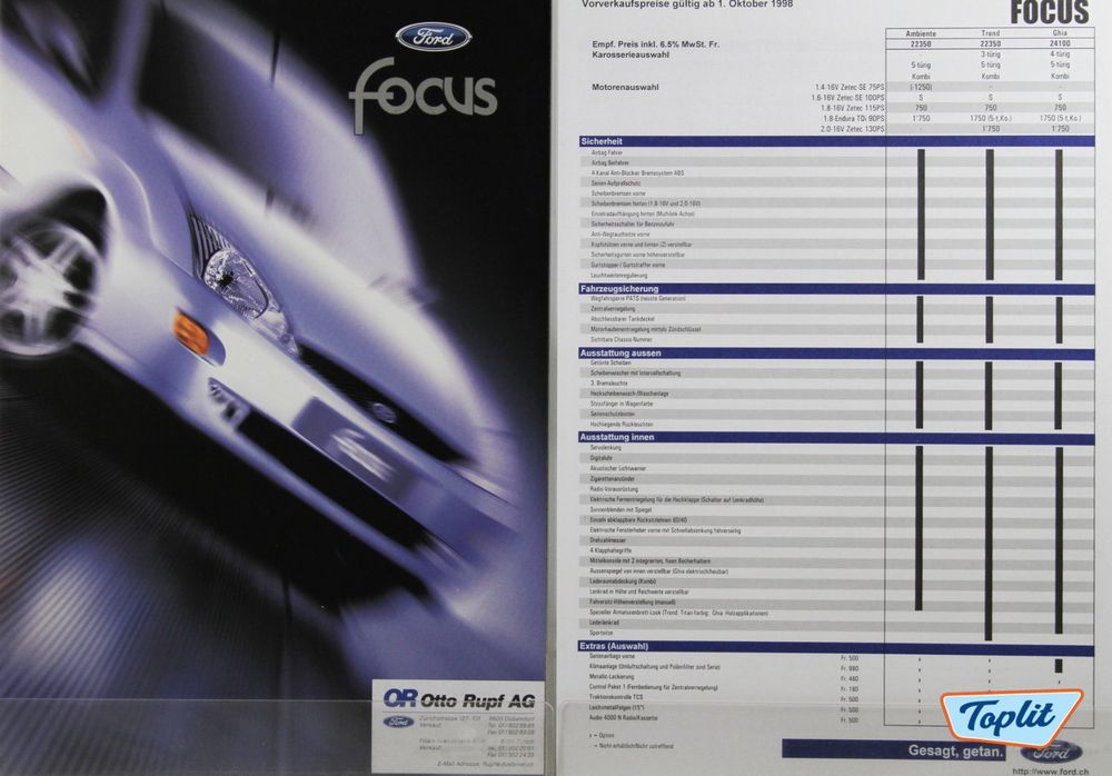 NEUWAGEN PROSPEKT & PREISLISTE FORD FOCUS / TYP99 - 1998 (Gebraucht) in ...