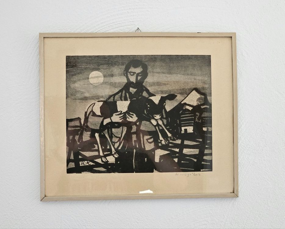 Max Hunziker oeuvre originale signée, un veau et un paysan (D'occasion ...