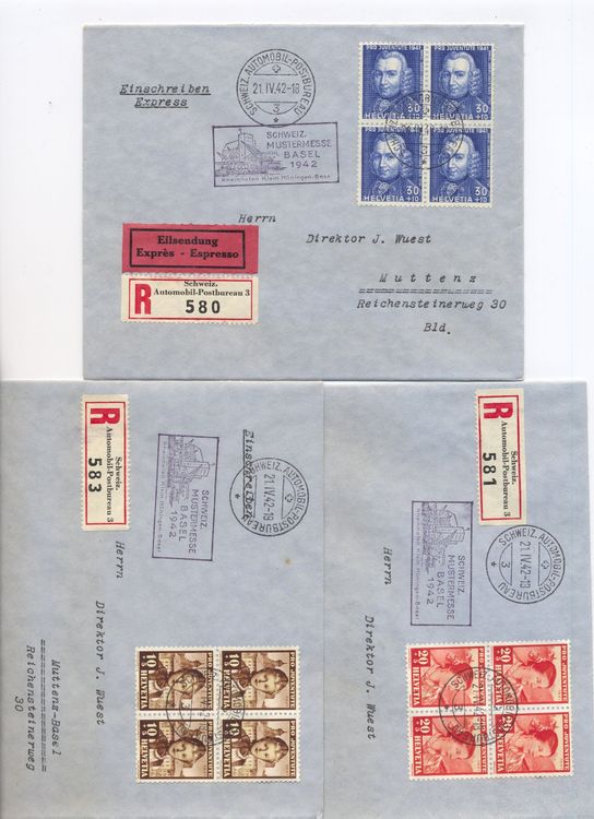 CH-PJ, 1942, ZNr. J98/J100, je 4er Block auf Brief | Kaufen auf Ricardo