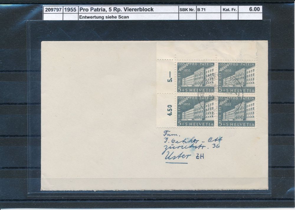 1955 Pro Patria - 5 Rp. Viererblock, Bedarfsbrief (Gebraucht) in Winterthur für CHF 1 – mit ...