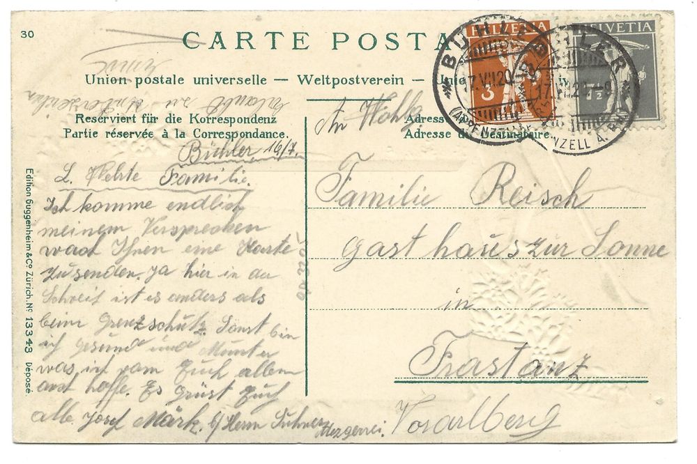 Bühler (AR) Passepartout-Präge-Litho - Alphornbläser - 1920 (Gebraucht ...