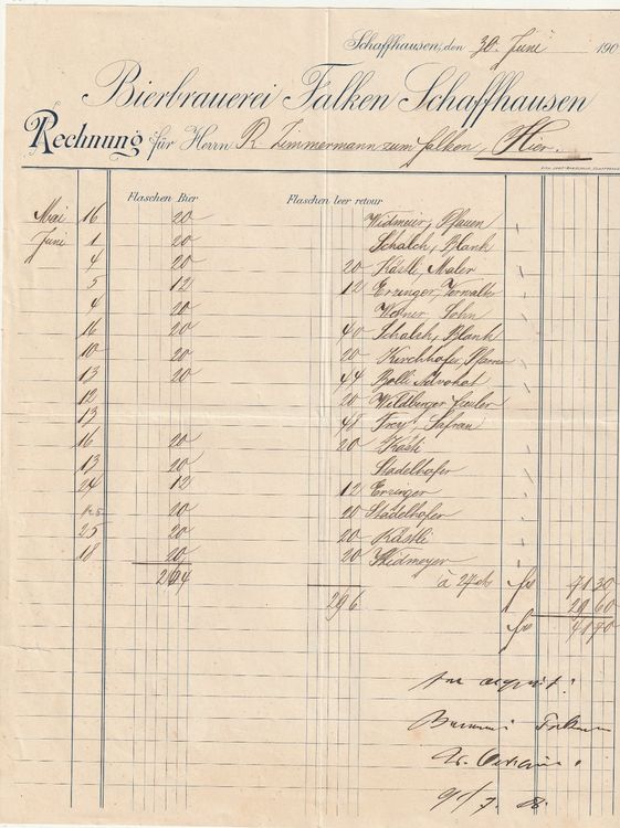 Rechnung Schaffhausen 1908 Brauerei Falken (Gebraucht) in Rorschacherberg für CHF 5 – mit ...
