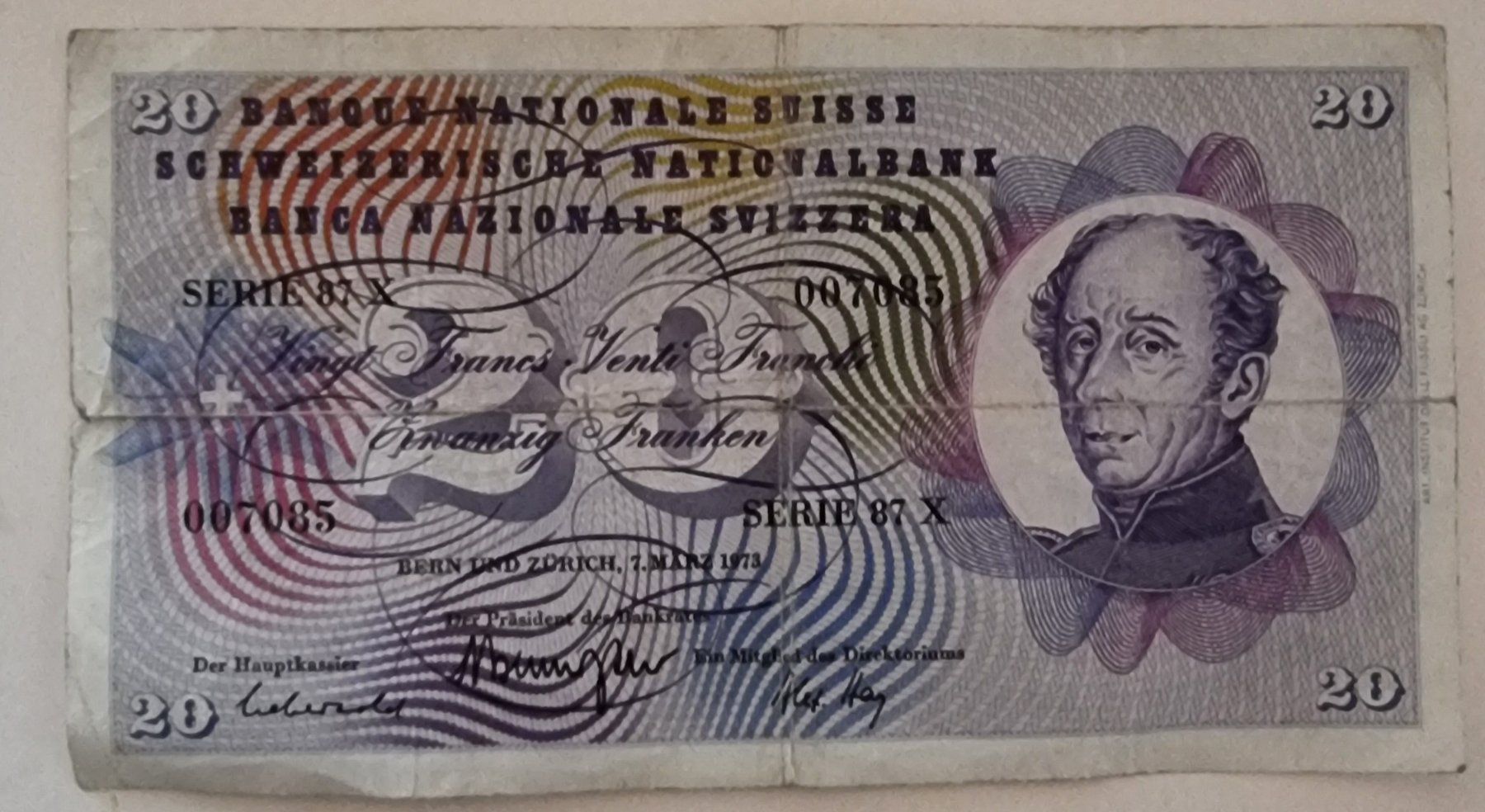 Schweizer 20 Franken Note, 1973, Serie 87X (Gebraucht) in Bellmund für ...