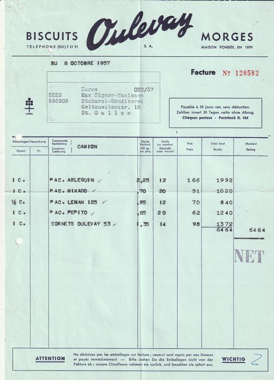 Rechnung Morges 1957 Biscuit Oulevay (Gebraucht) in Rorschacherberg für ...
