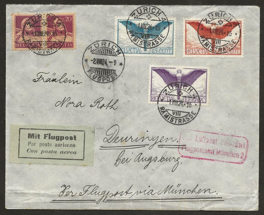 Flugpost Schweiz 1924 Zürich München F10 F11 F12 Luftpost (Gebraucht) in Au ZH für CHF 45 – mit ...