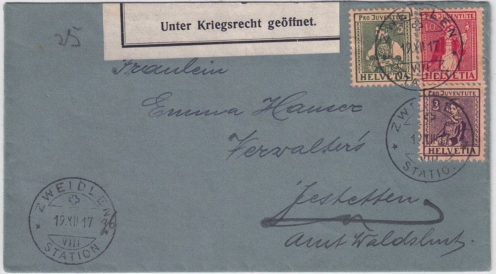 Pro Juventute 1917, Satzbrief, zensuriert, Kat. 500 CHF (Gebraucht) in Näfels für CHF 125 – mit ...